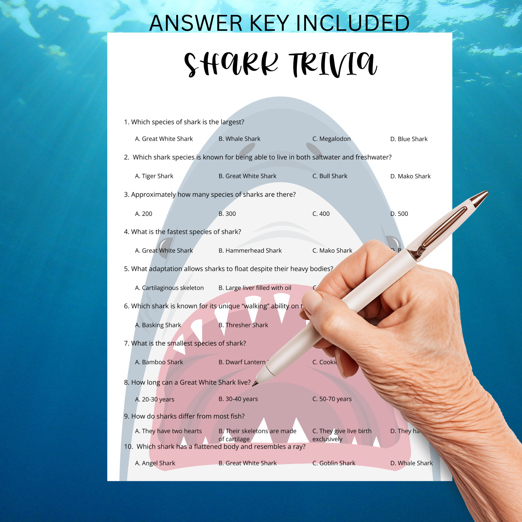 Shark Trivia Printable Quiz | Shark Week Trivia Game | Shark Classroom ...
