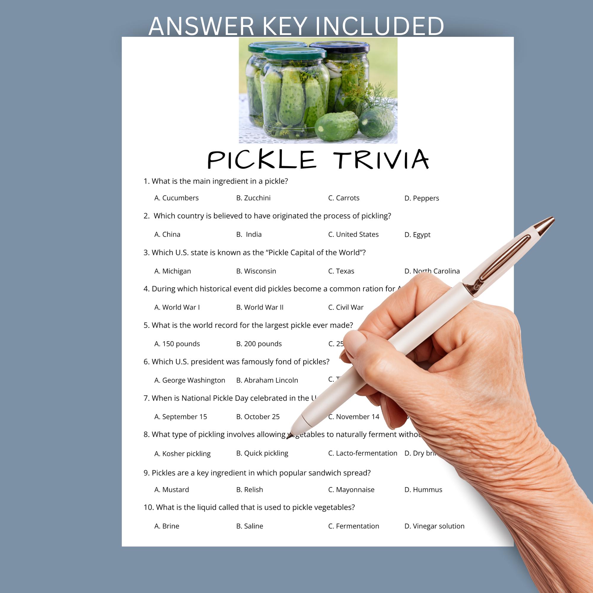 Pickle Trivia Printable Game | National Pickle Day Quiz | Pickle Theme ...