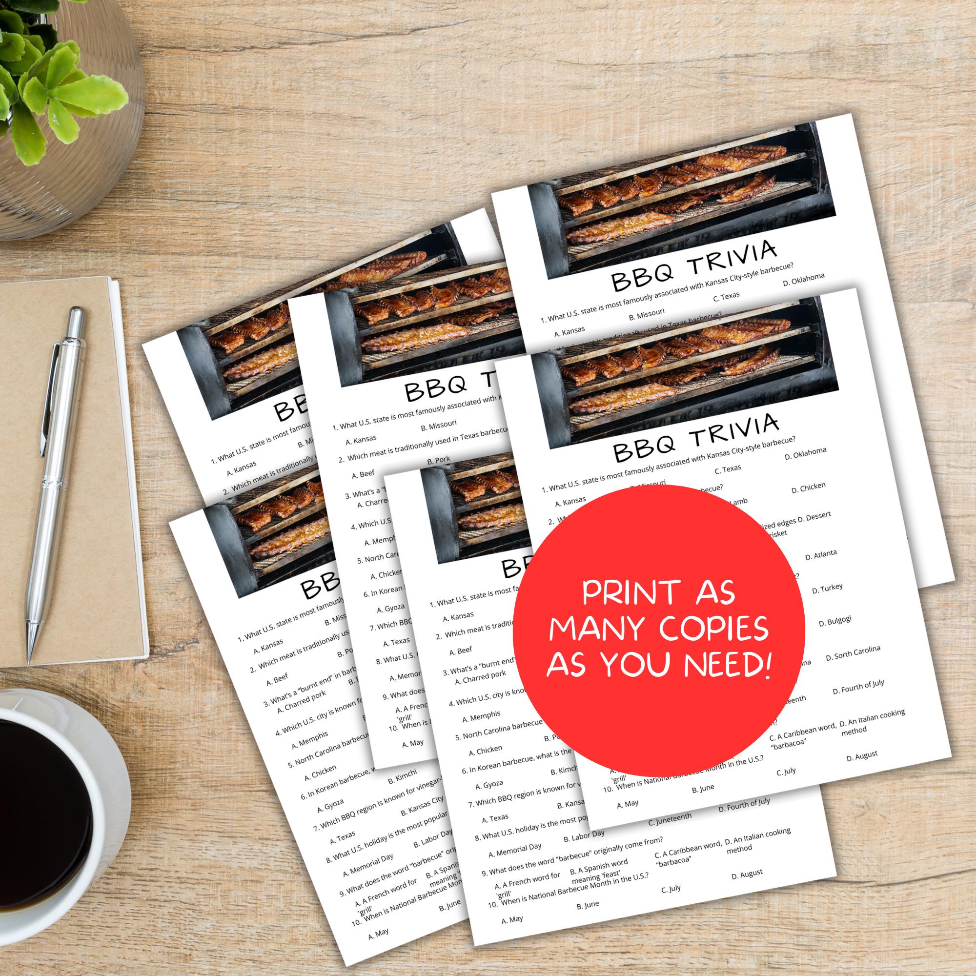 BBQ Trivia | Barbecue Quiz Printable | Barbecue Party Games | Backyard ...