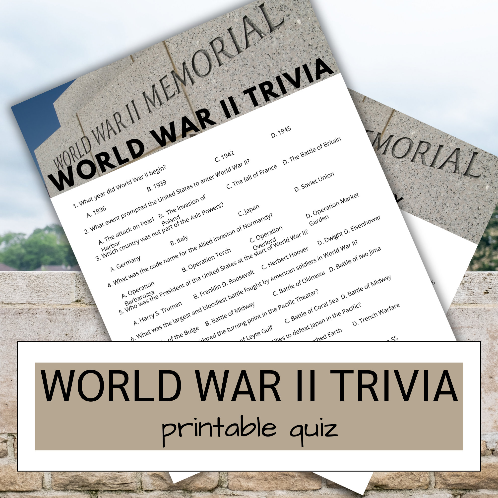 WWII Trivia Game: Printable World War 2 Quiz (PDF) - Etsy