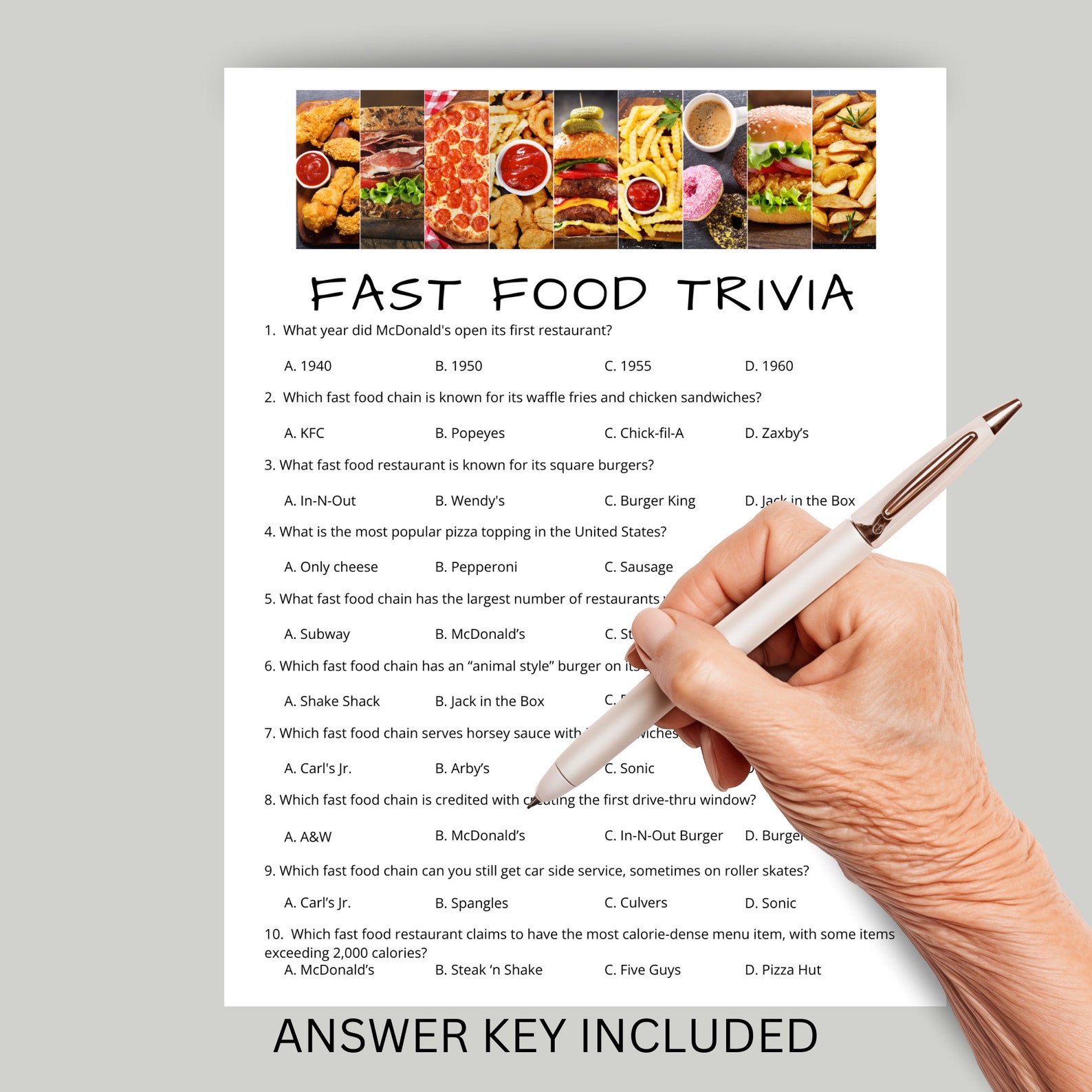 Fast Food Trivia | Junk Food Quiz Printable | Pizza Night Games ...