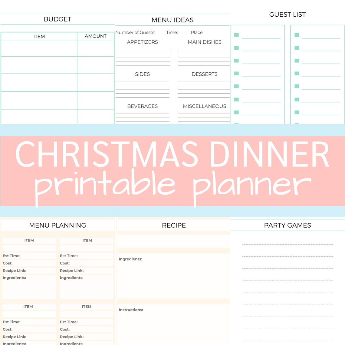Pastel Christmas Dinner Printable Planner Christmas - Etsy