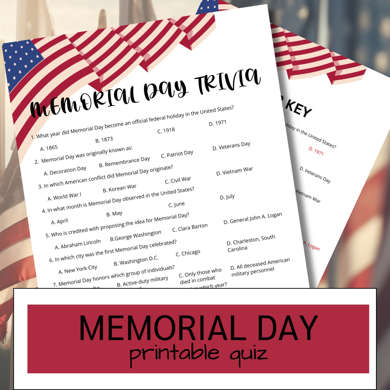 Memorial Day Quiz Printable | United States Troops Trivia Game | USA ...