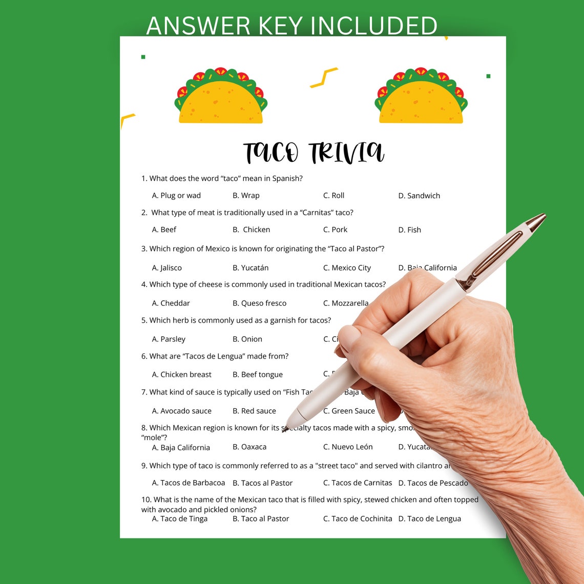 Taco Trivia Taco Tuesday Quiz Printable Taco Party Games Taco Night ...
