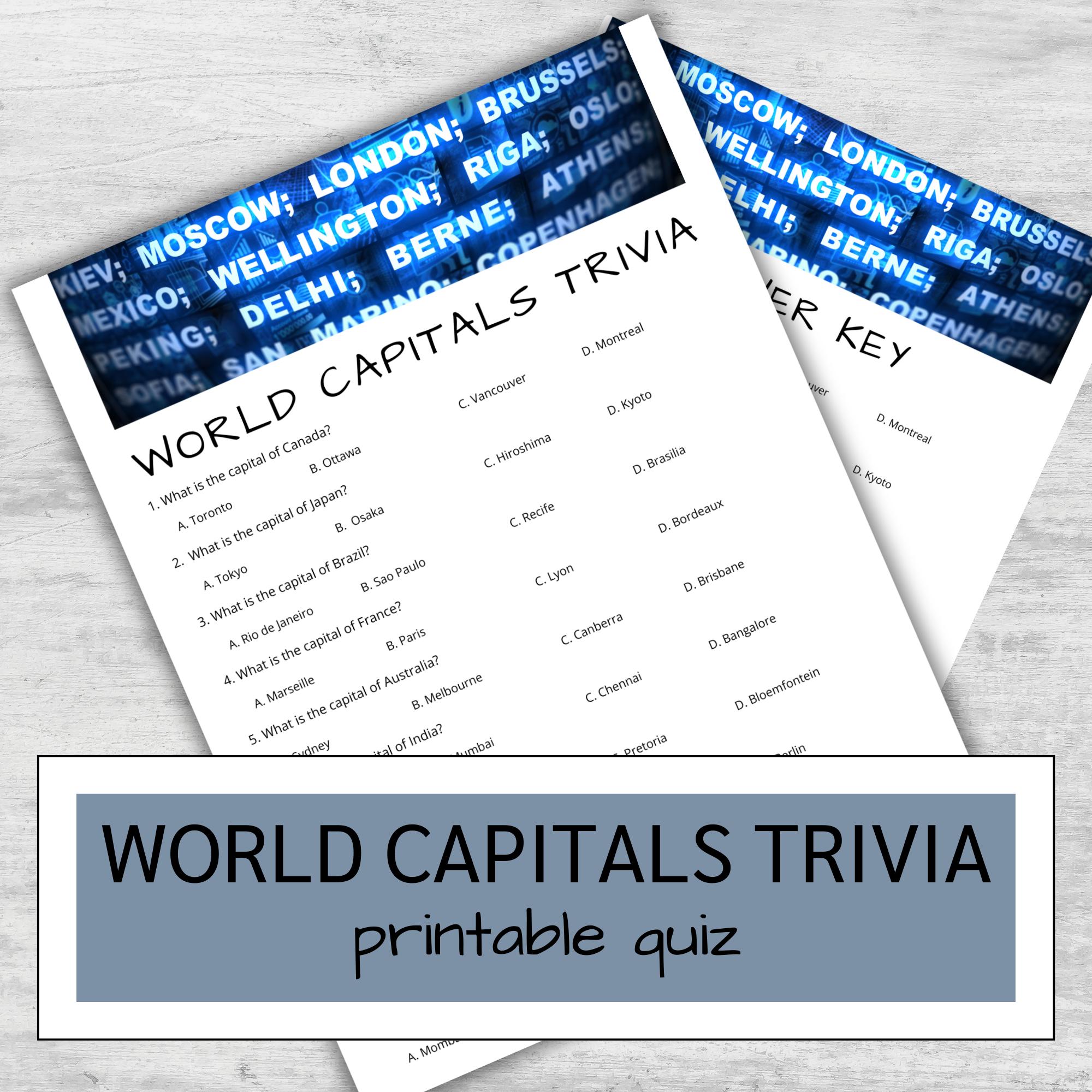 World Capitals Printable Quiz | Geography Trivia Game | Educational ...