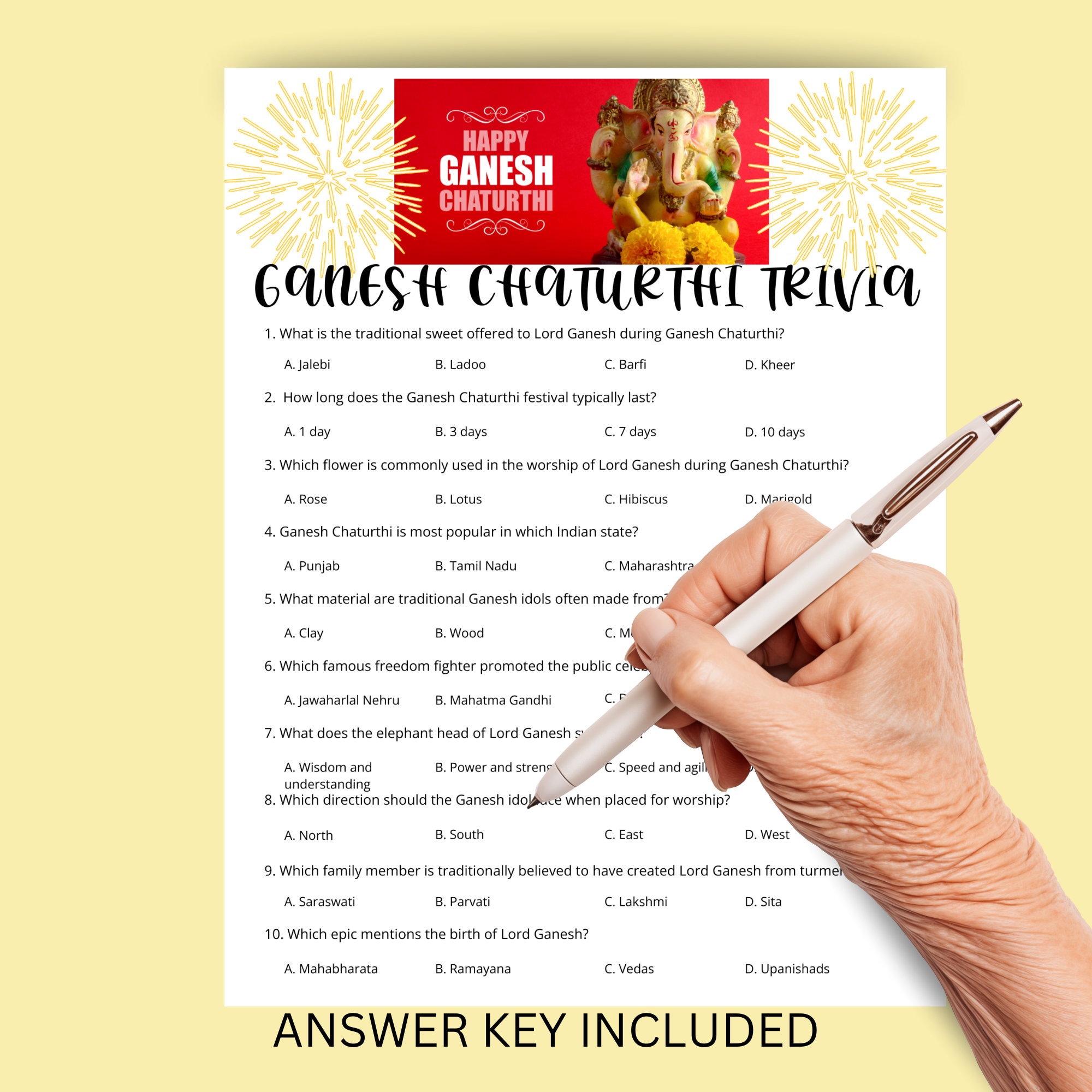 Ganesh Chaturthi Quiz Printable | Ganesha Trivia Game | Indian Festival ...