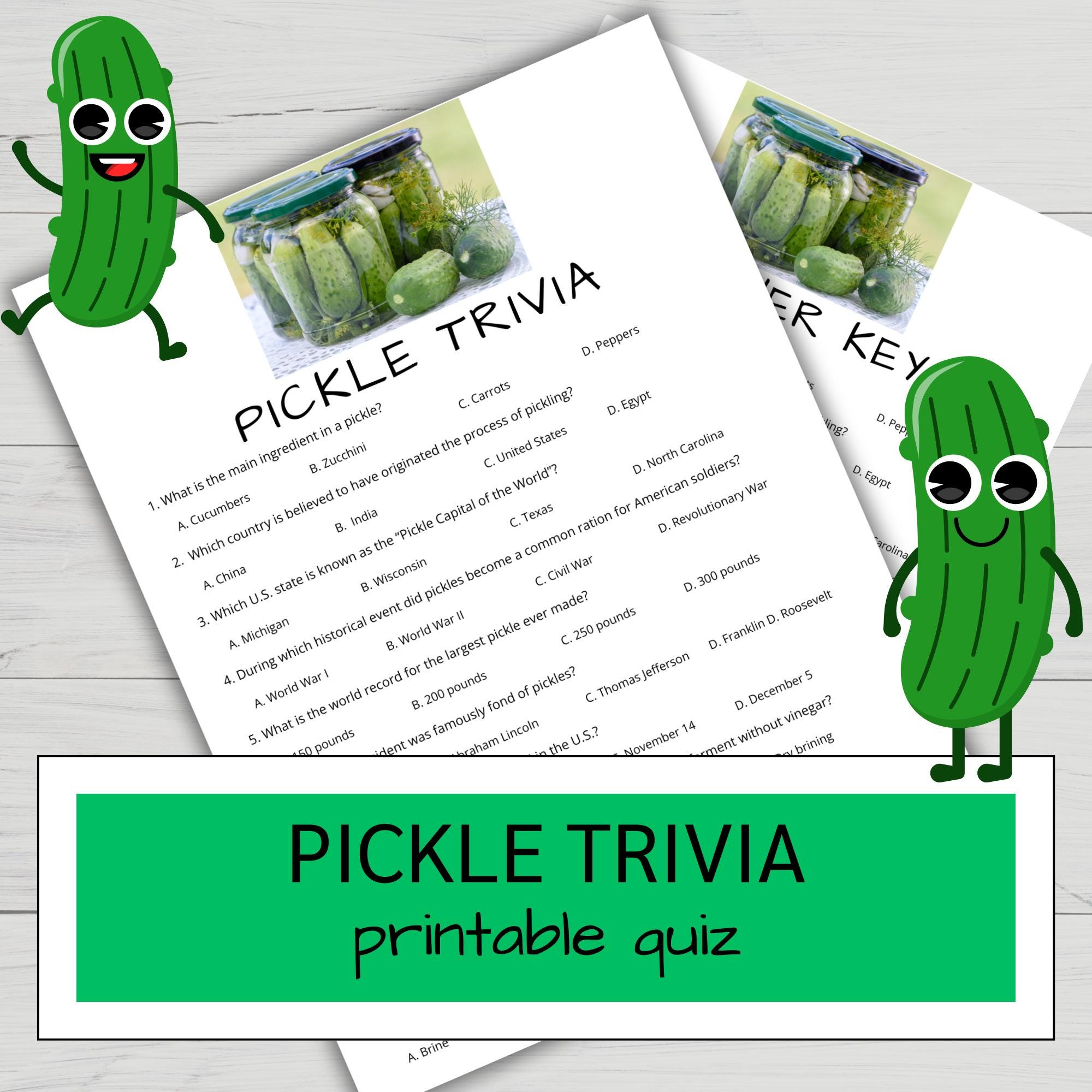 Pickle Trivia Printable Game | National Pickle Day Quiz | Pickle Theme ...