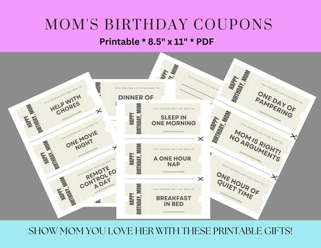 Happy Birthday Mom Coupon Book | Printable Coupons for Mother | Mom ...
