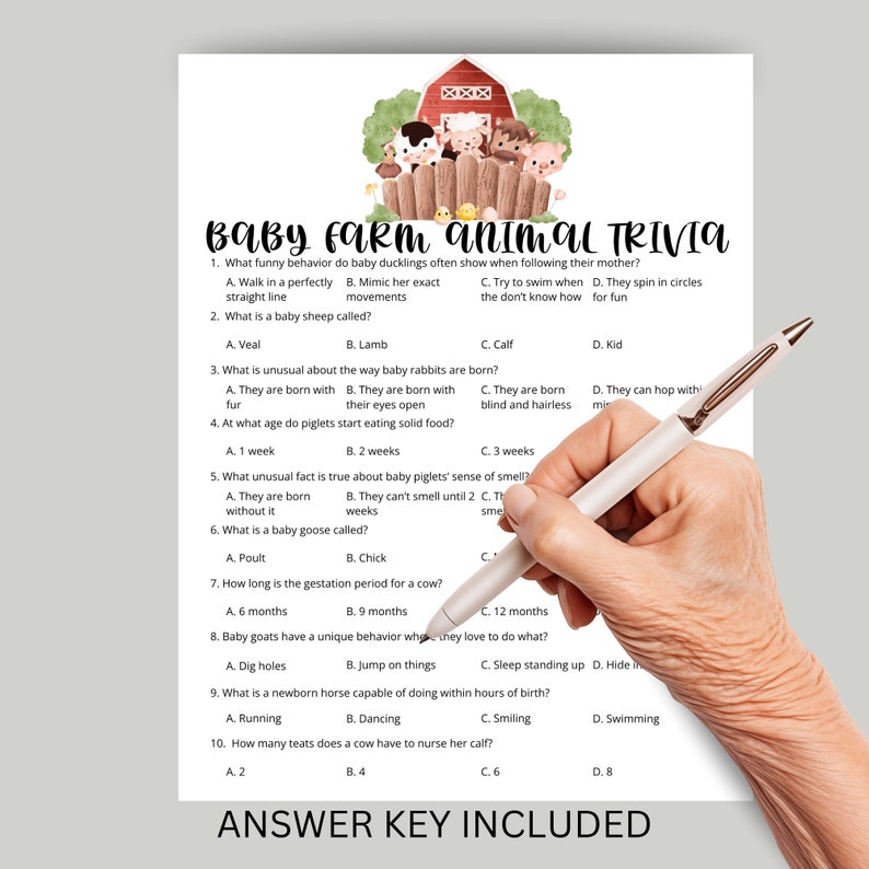 Baby Farm Animal Quiz Farm Baby Shower Trivia Questions Baby Shower ...