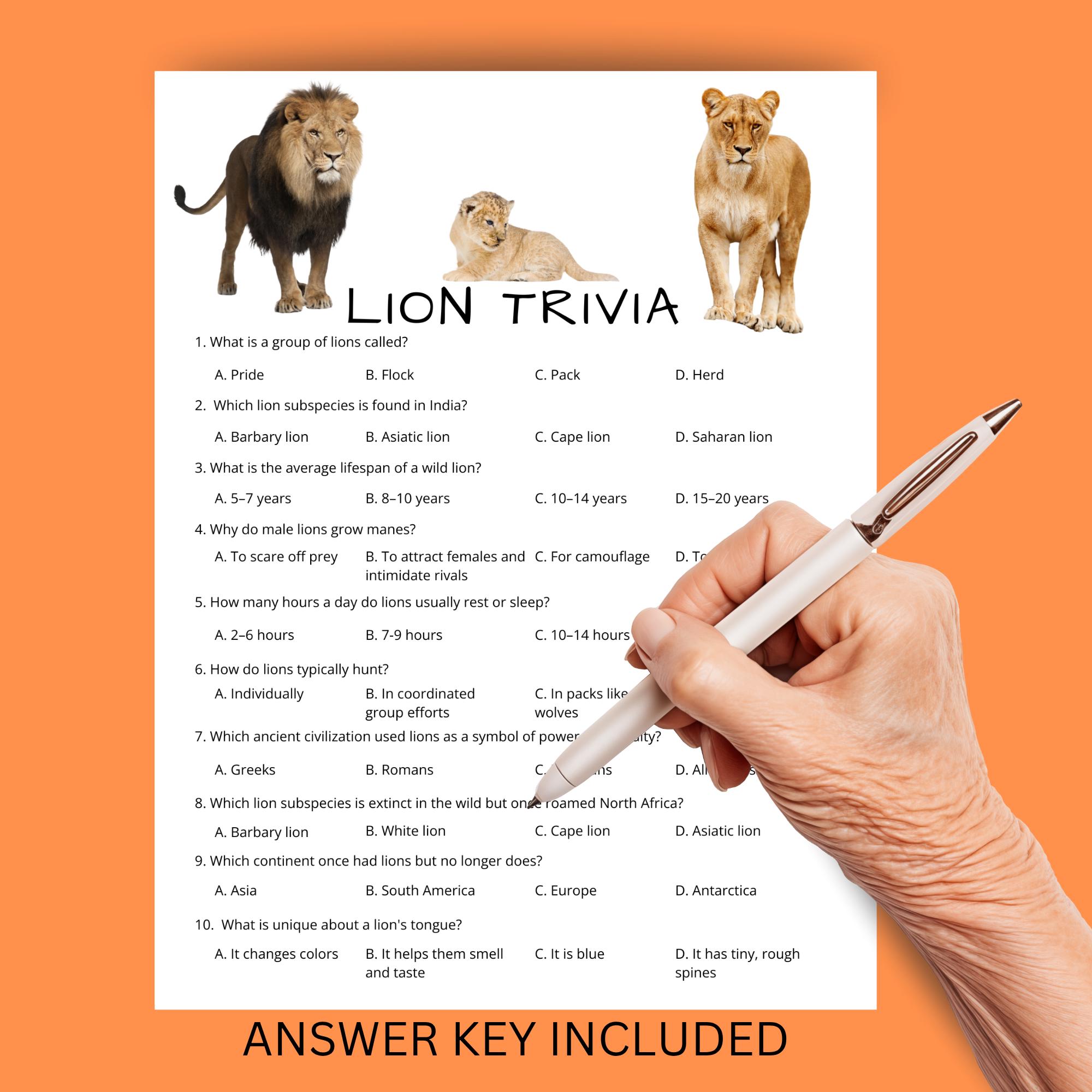 Lion Printable Quiz | Lion Trivia Game | Animal Classroom Activity ...