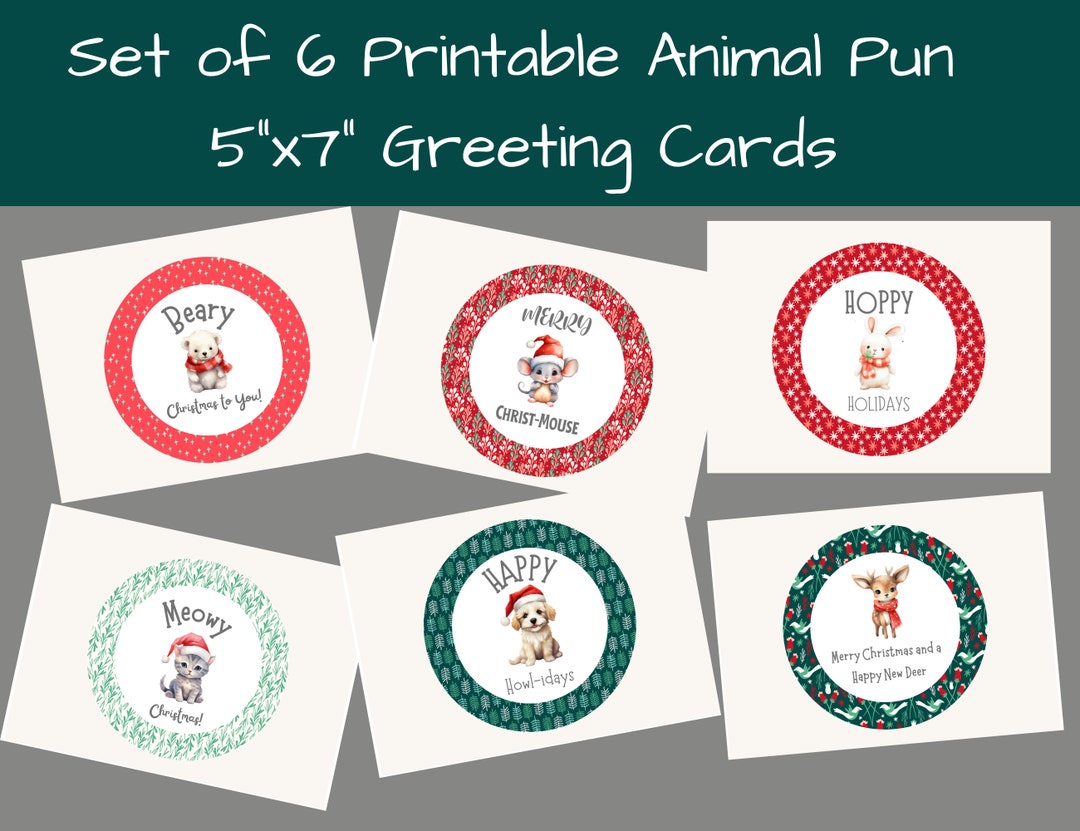 Christmas Animal Puns Greeting Card Printable Stationery Xmas Holiday ...