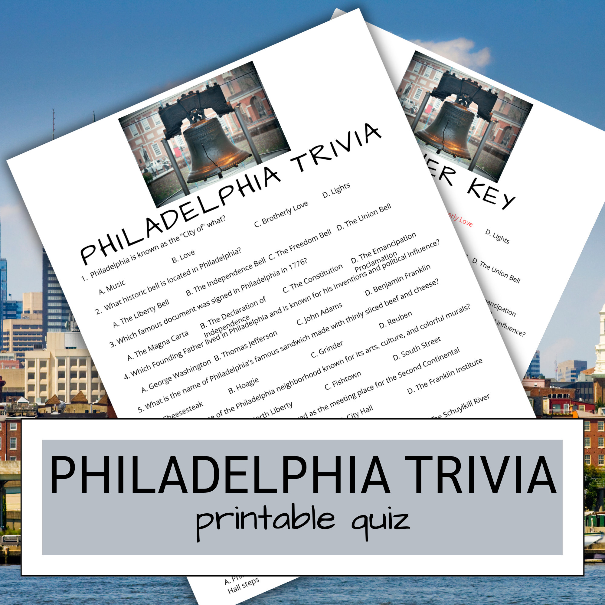 Philadelphia Quiz Printable | Philly Trivia Game | USA Cities Fun Facts ...
