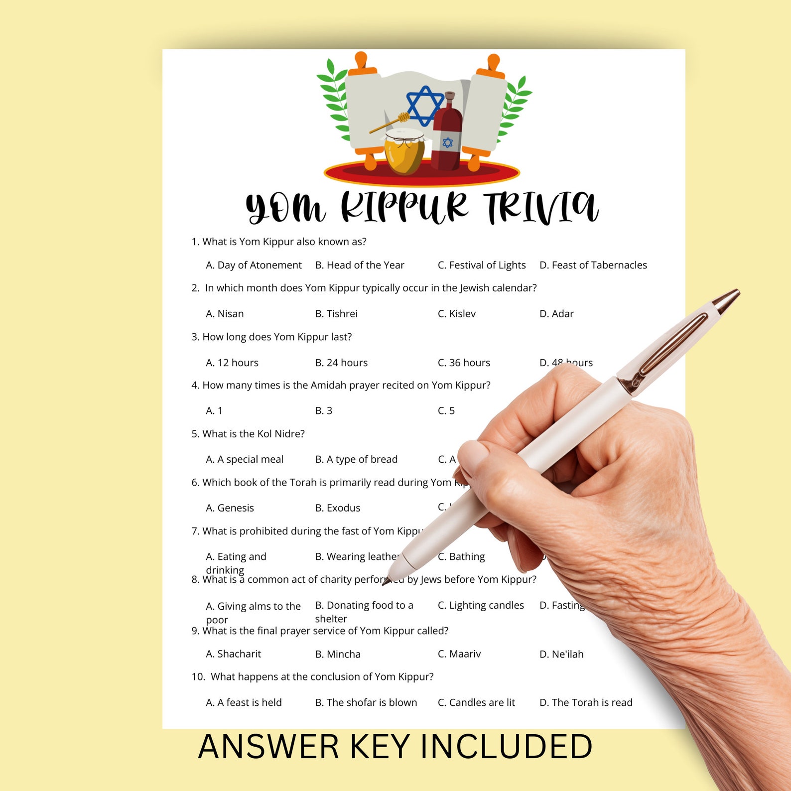 Yom Kippur Trivia Quiz: Jewish Holiday Family Activity (printable PDF ...