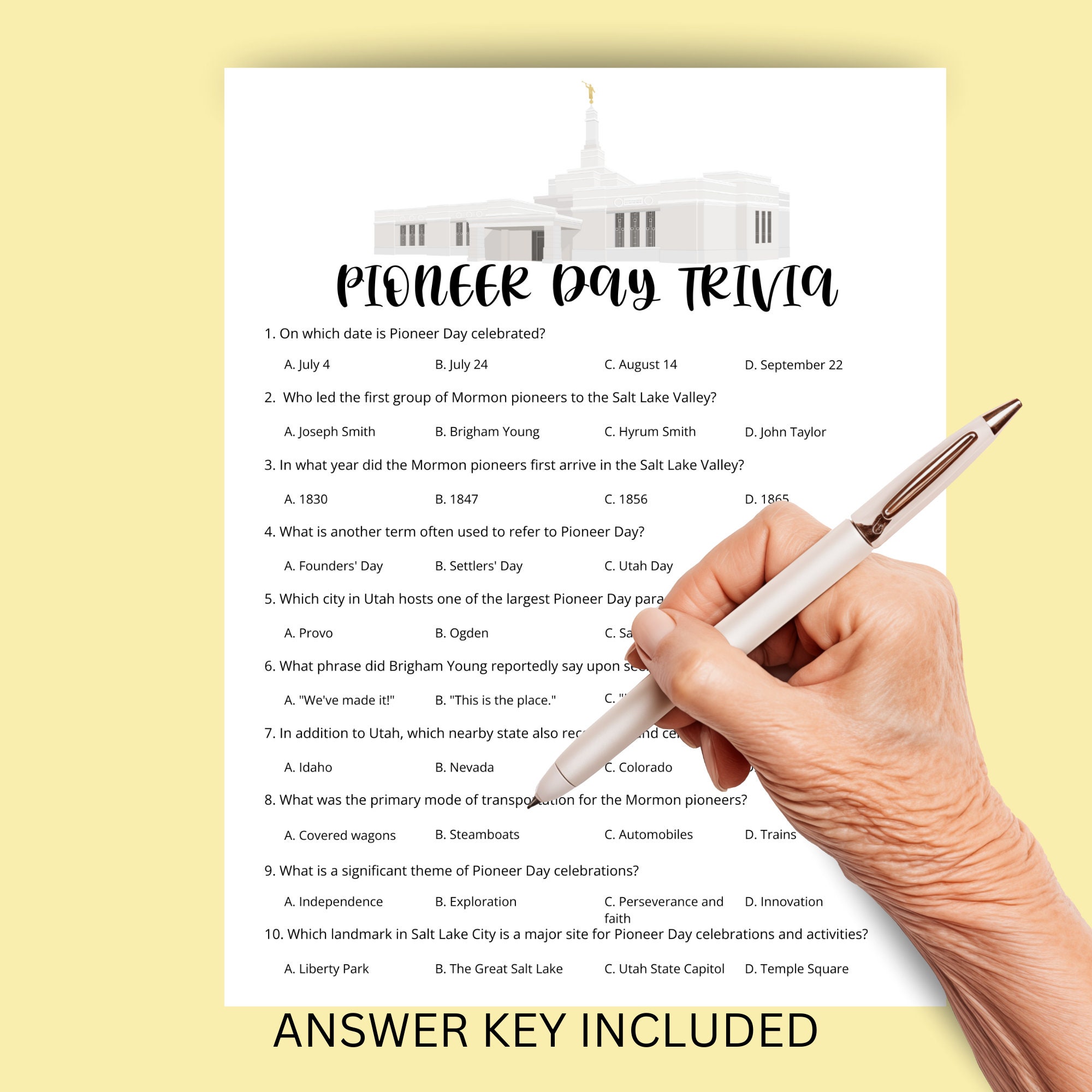 Pioneer Day Quiz Printable | Mormon Trivia Game | July 24th Celebration ...