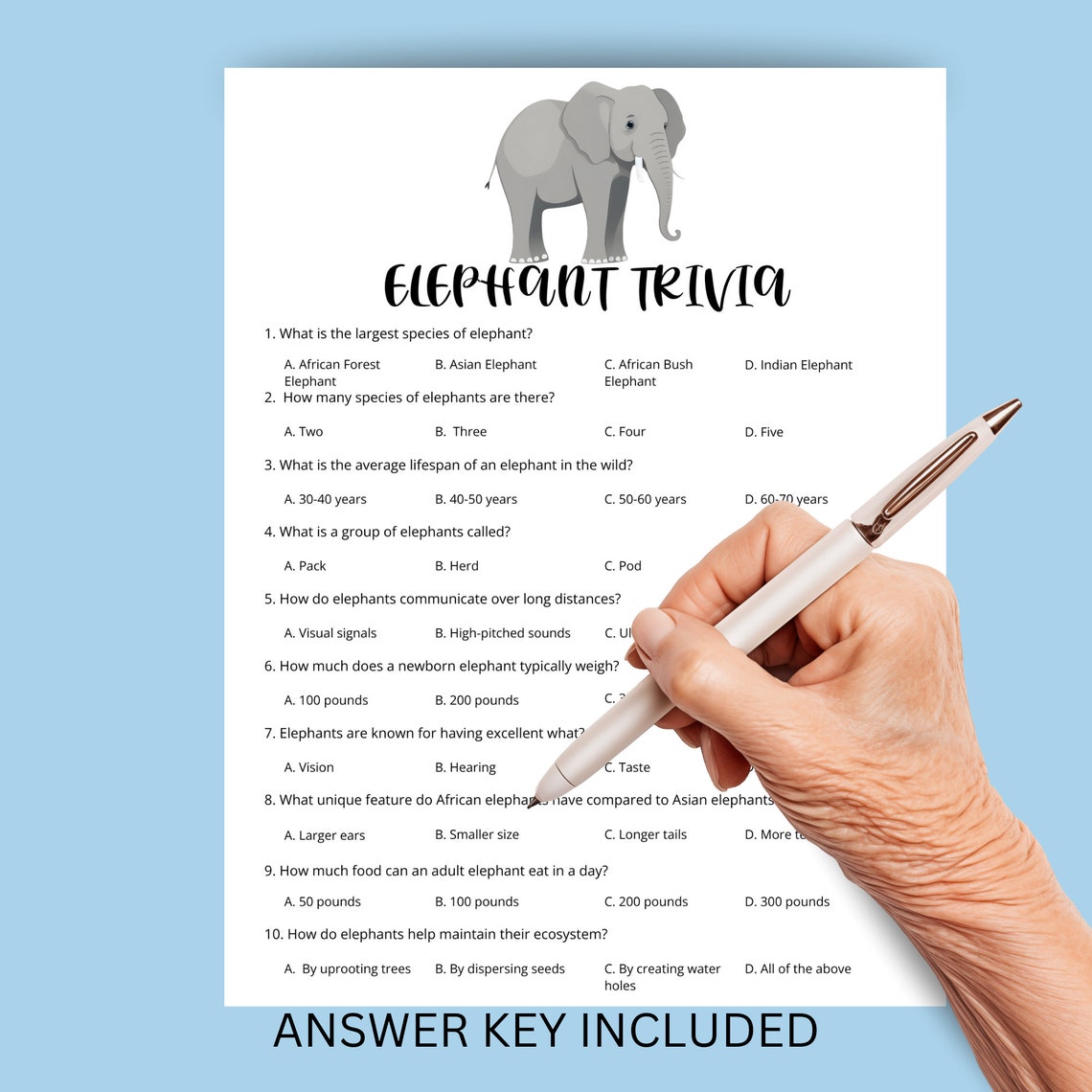 Elephant Printable Quiz | Elephant Trivia Game | Animal Classroom ...