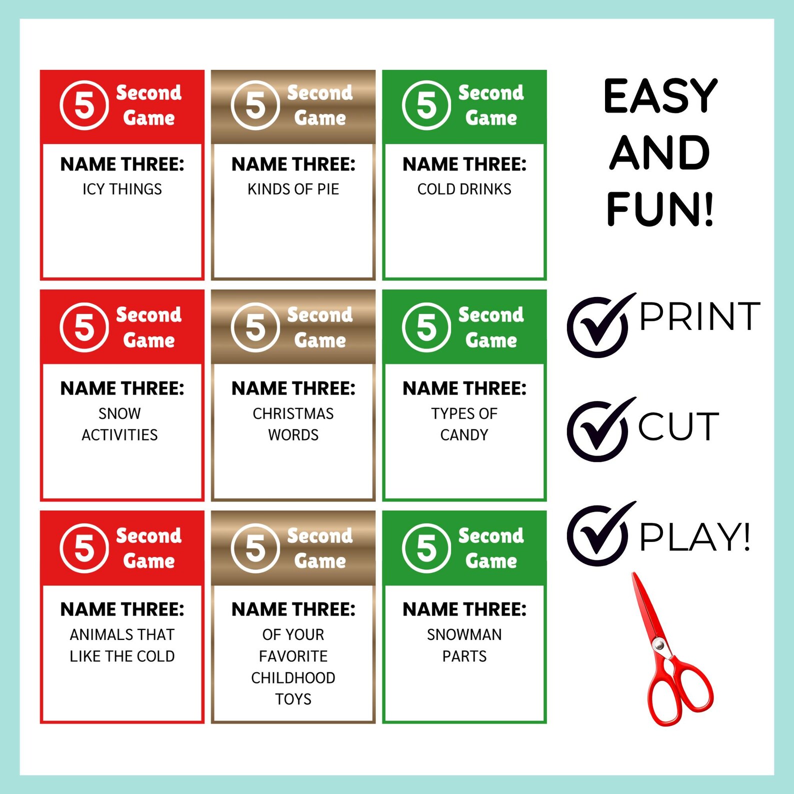 Christmas 5 Second Game | Printable Holiday Card Games (135 Cards, 8 ...