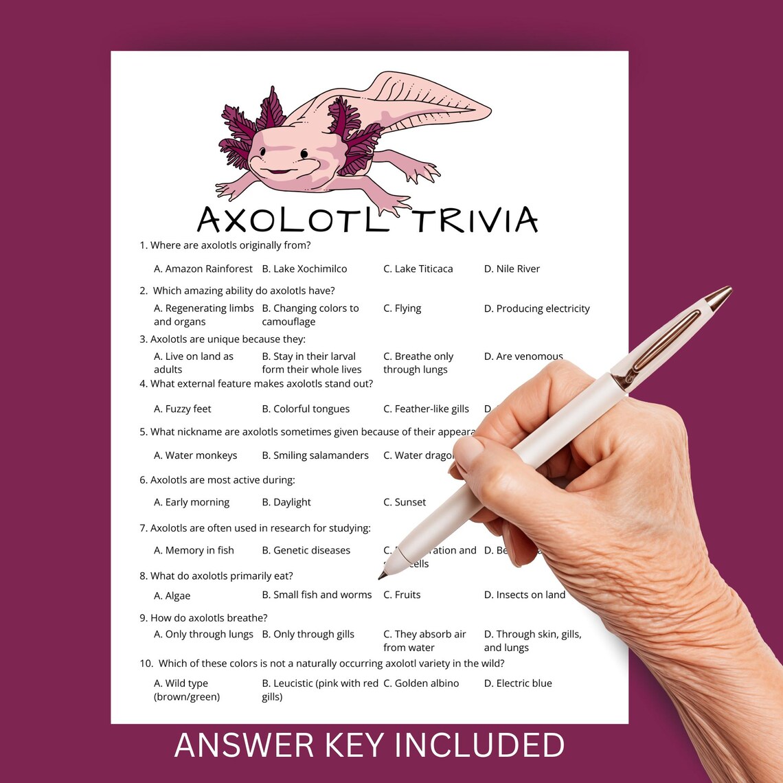Axolotl Trivia Game: Printable Quiz, Classroom Activity (PDF Download ...