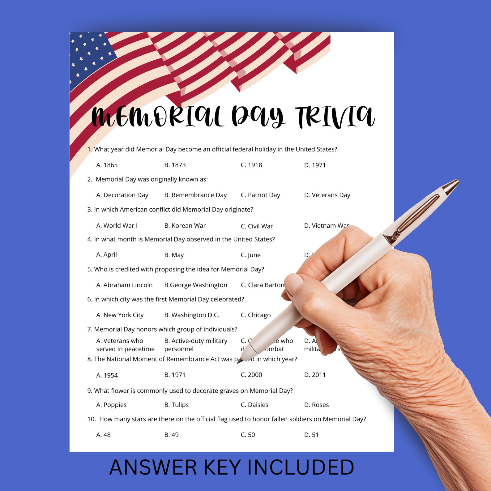 Memorial Day Quiz Printable United States Troops Trivia Game USA ...