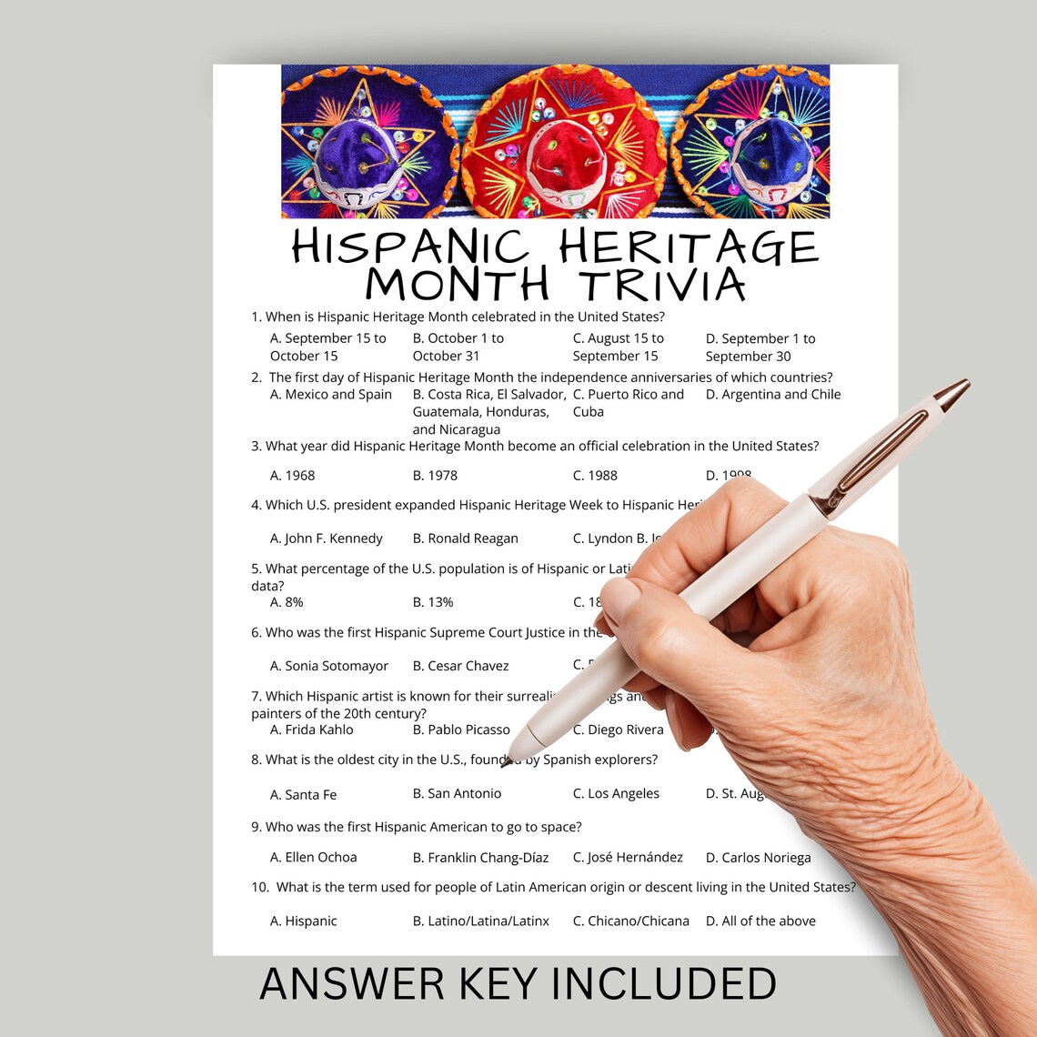 Hispanic Heritage Month Quiz Printable | Hispanic History Month Trivia ...