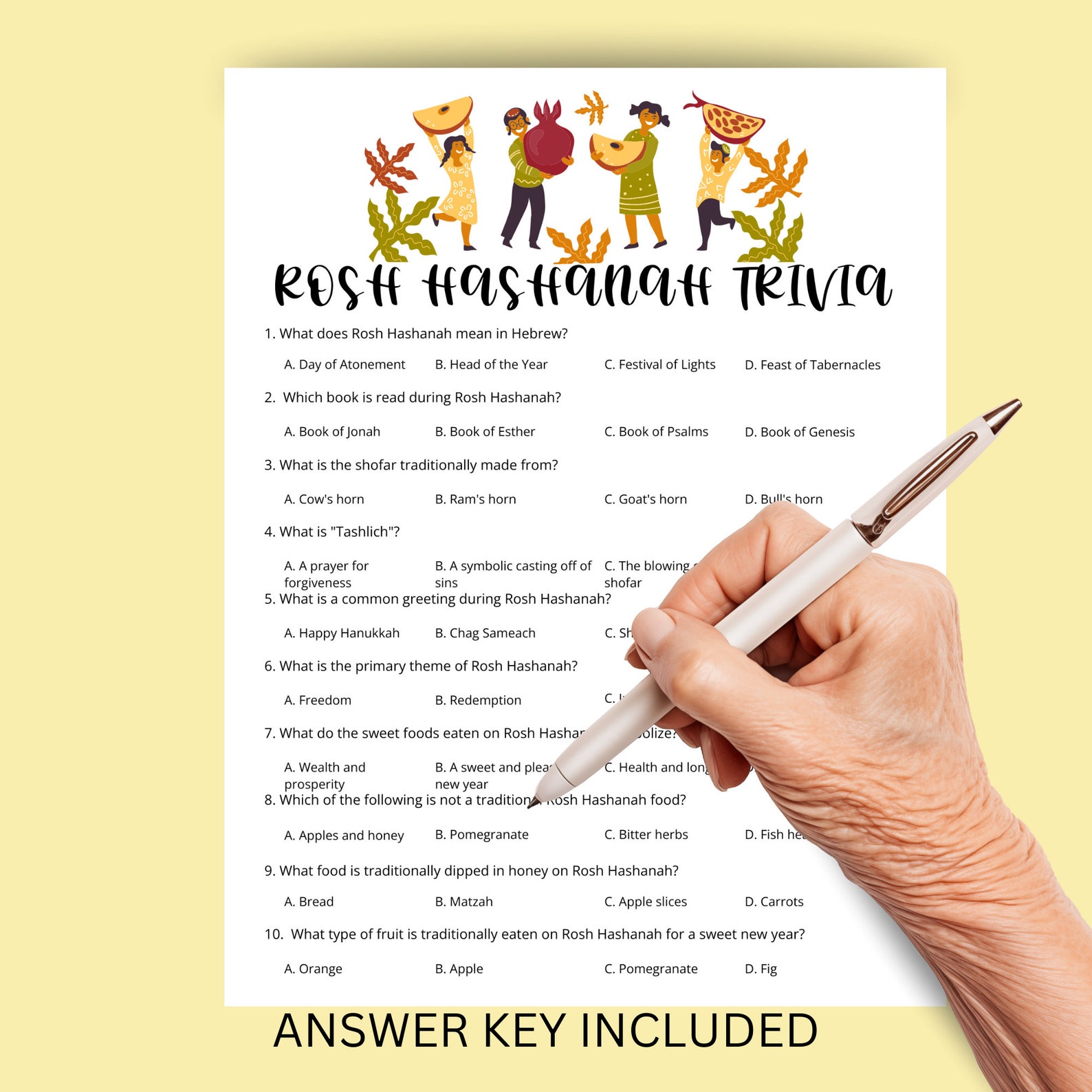 Rosh Hashanah Quiz Printable | Jewish New Year Trivia Game | Shana Tova ...