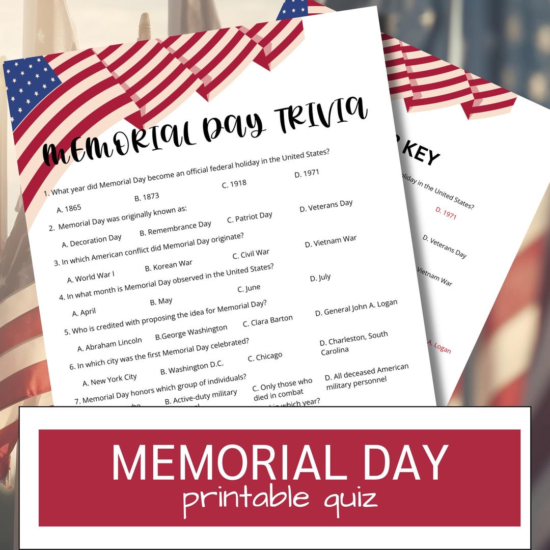 Memorial Day Quiz Printable | Memorial Day Trivia Game for Office | USA ...