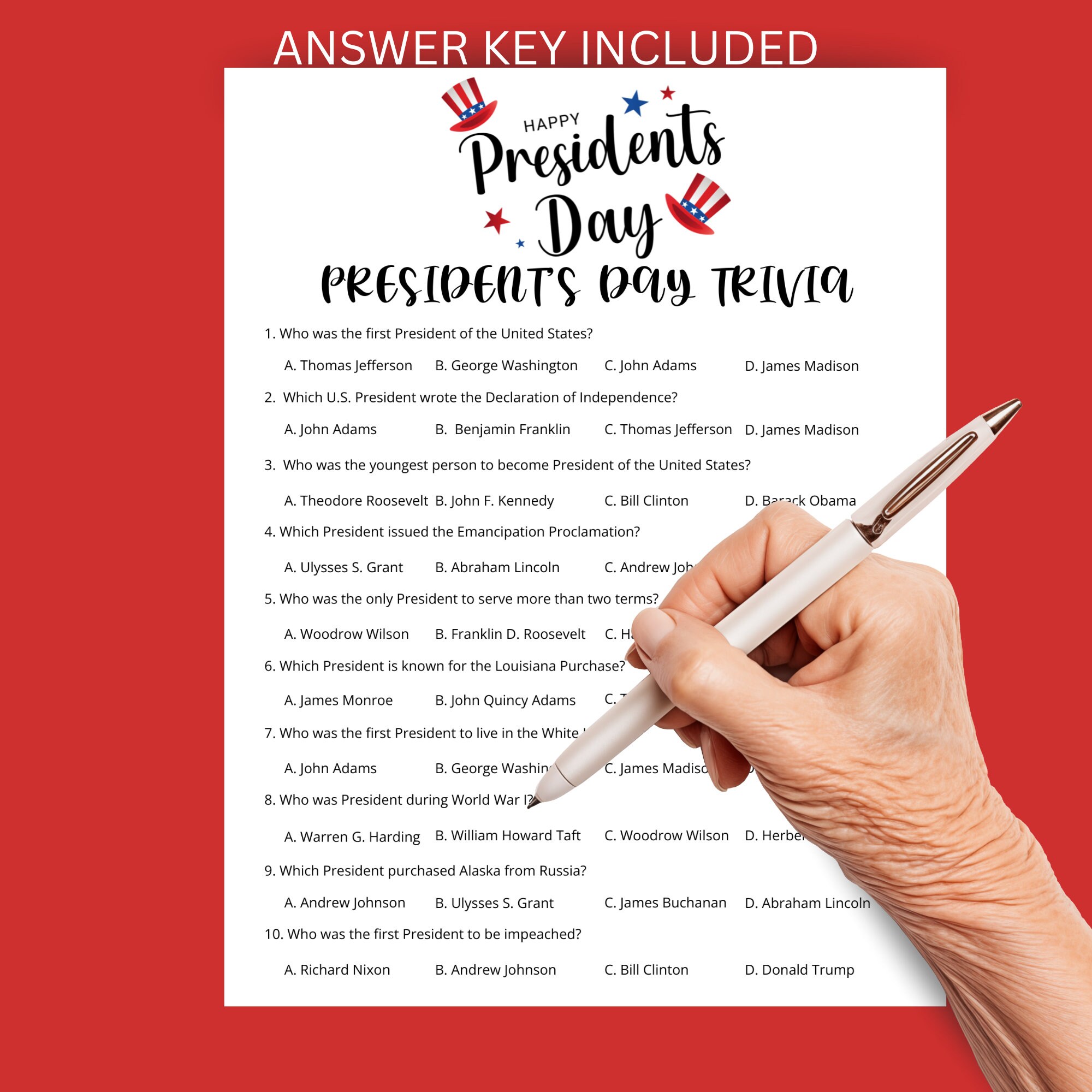 Presidents Day Quiz Printable | United States Presidents Trivia Game ...
