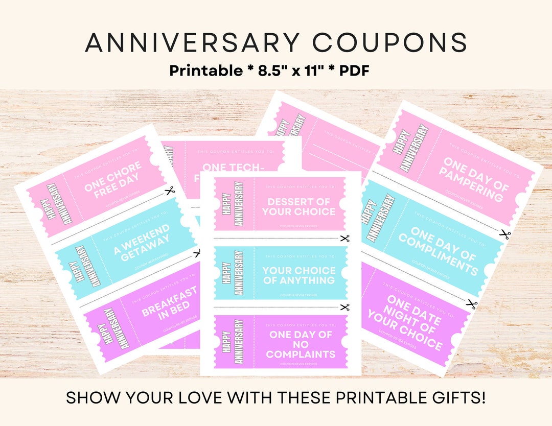Anniversary Printable Love Coupons Coupons for Wife Girlfriend Partner ...
