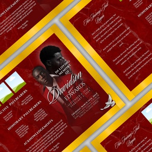 Funeral Programs 17x11 Editable Template TRIFOLD Mens Red & Gold Luxury ...
