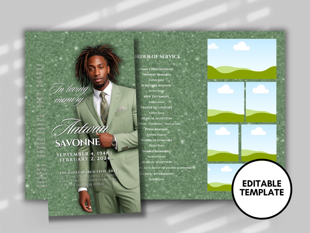 Sage Green Funeral Program Template: Men's Trifold Booklet (DIY ...