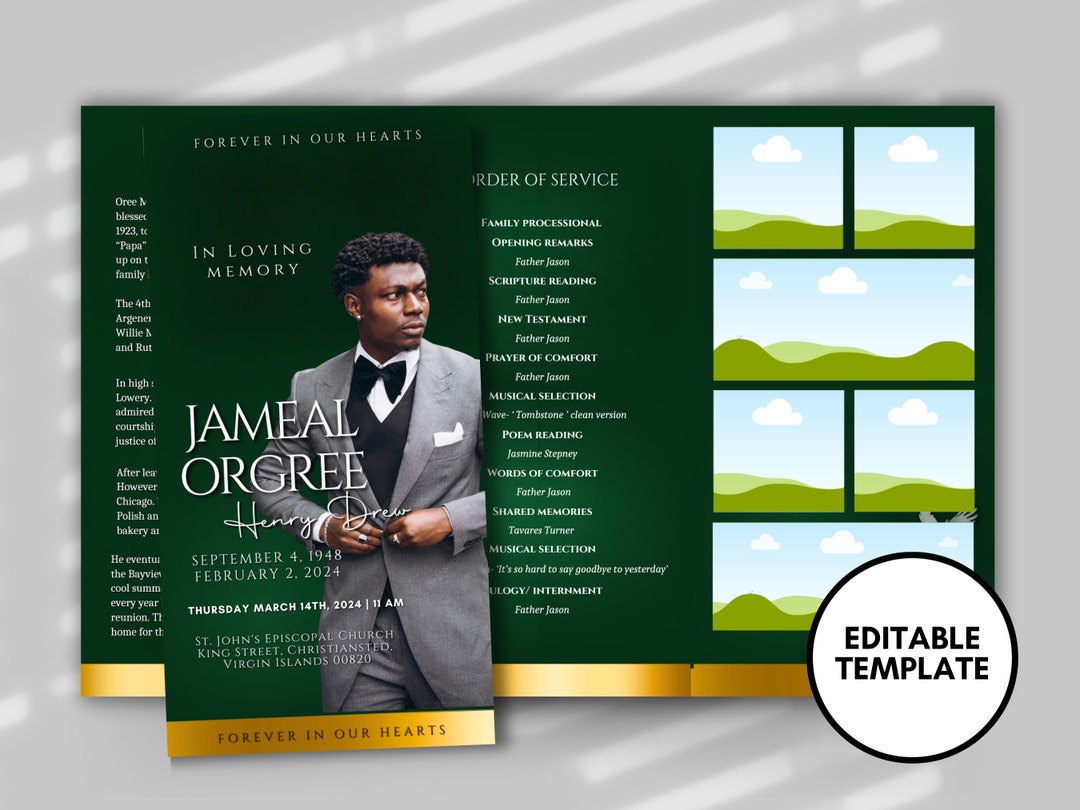 Mens Green Funeral Program Template: Trifold Obituary Booklet (17x11 ...