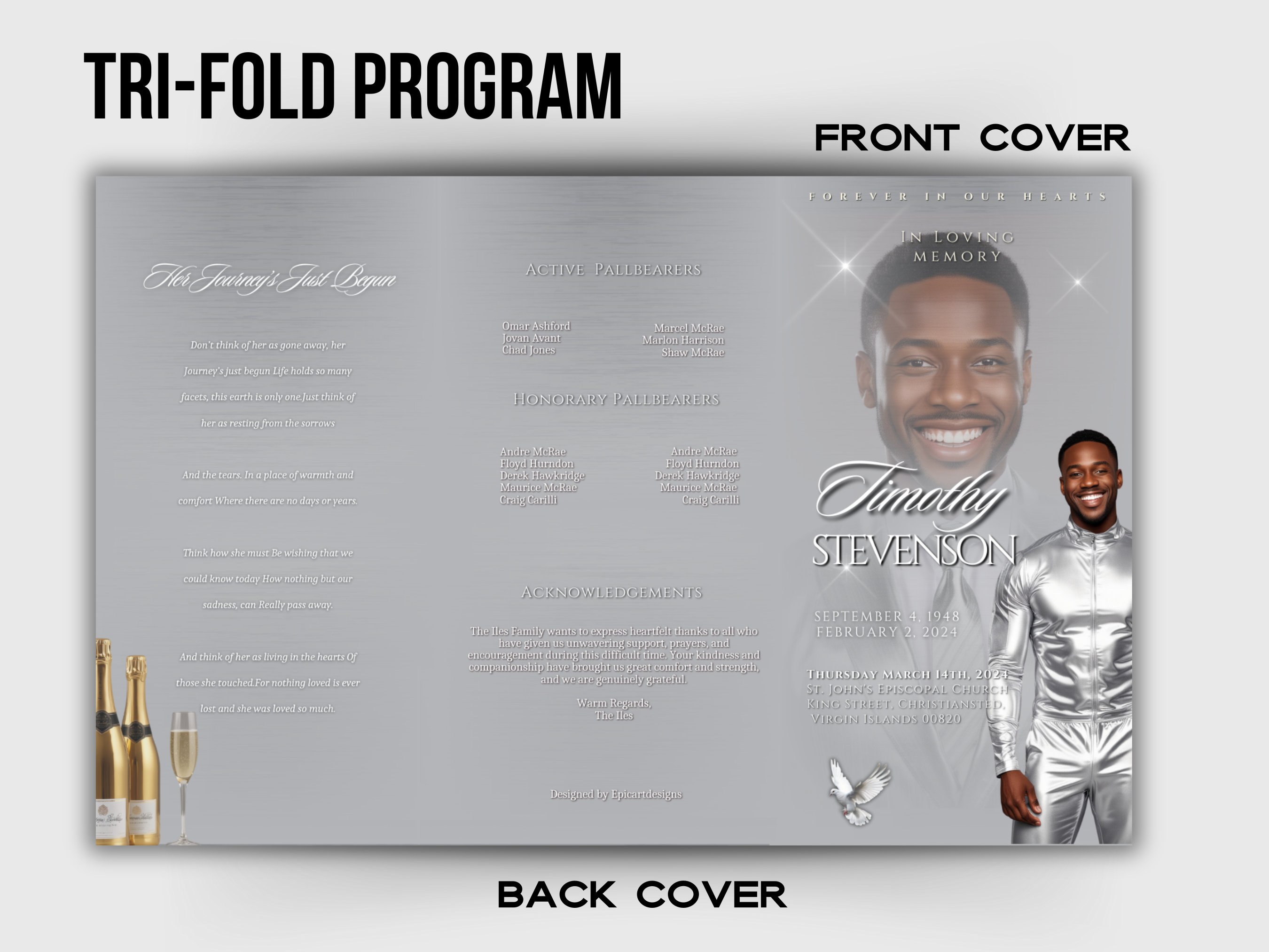 Men's Silver Funeral Program Template: Trifold Brochure (11x17 ...