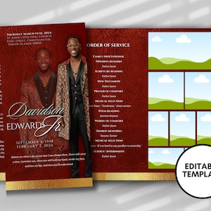 Funeral Programs 17x11 Editable Template TRIFOLD Mens Red Vintage ...