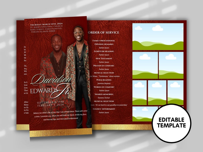Red Vintage Funeral Program Template: Mens Trifold Brochure (17x11 ...