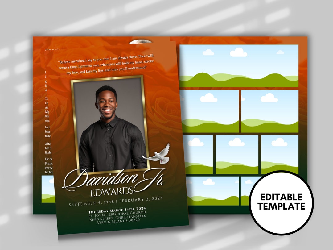 Funeral Programs 8.5X11 Editable Template 8 Page Mens Green Ombre ...