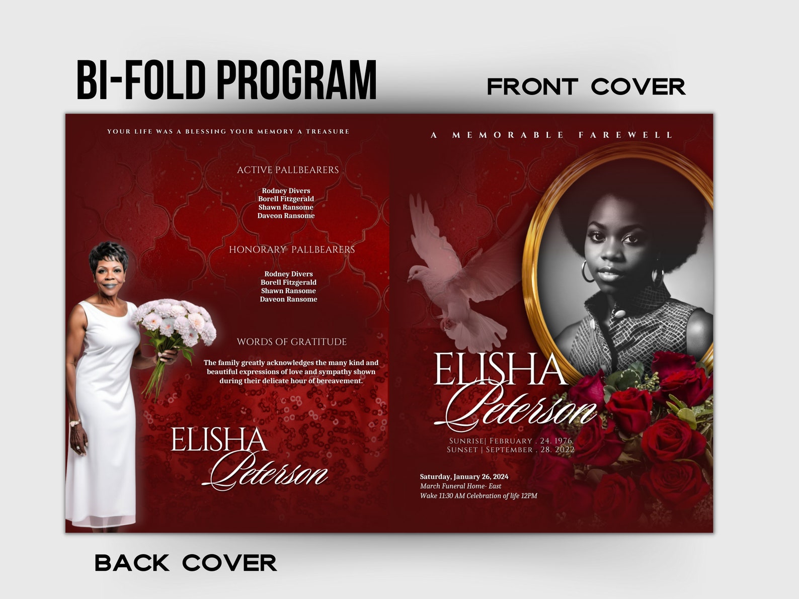 Maroon Funeral Program Template: Gold Rose Obituary (canva, 8.5x11, 8 ...