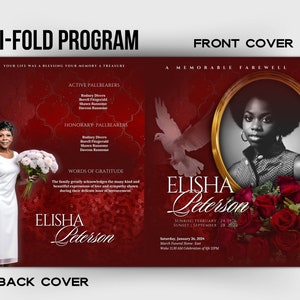 Maroon Funeral Program Template: Gold Rose Obituary (canva, 8.5x11, 8 ...