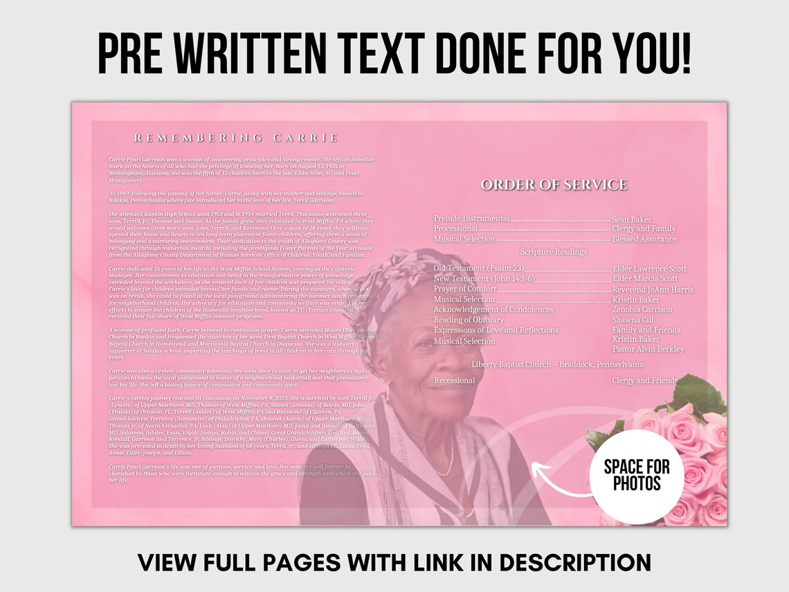 Pink Rose Funeral Program Template: Celebration of Life (canva, 8.5"x11 ...