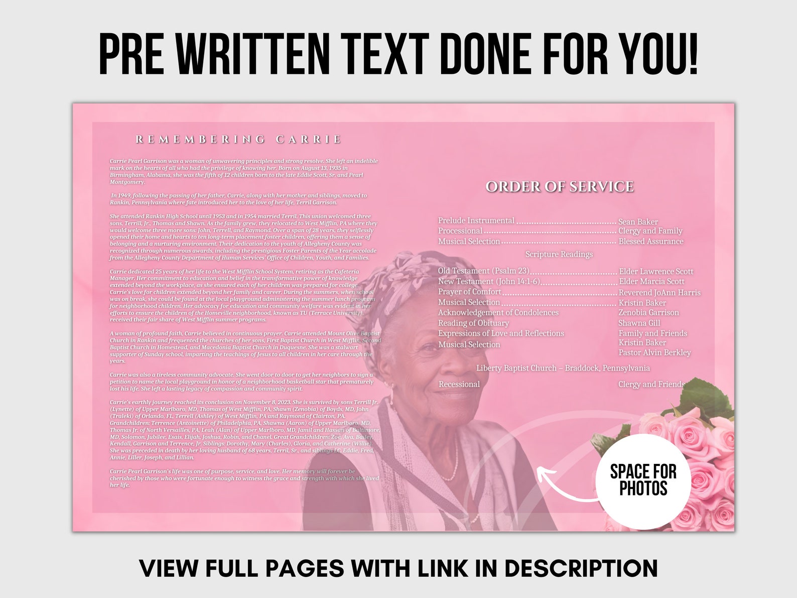 Pink Rose Funeral Program Template: Celebration of Life (canva, 8.5"x11 ...