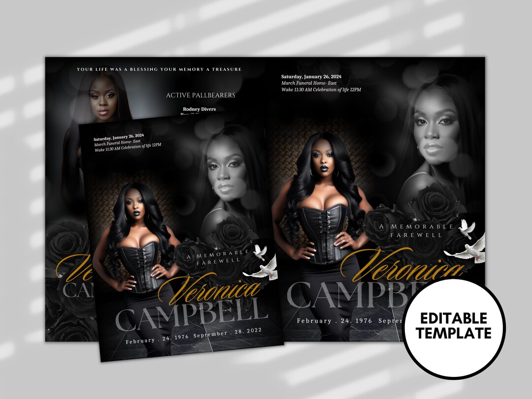 Elegant Black & Gold Funeral Program Template: Women's Memorial (canva ...
