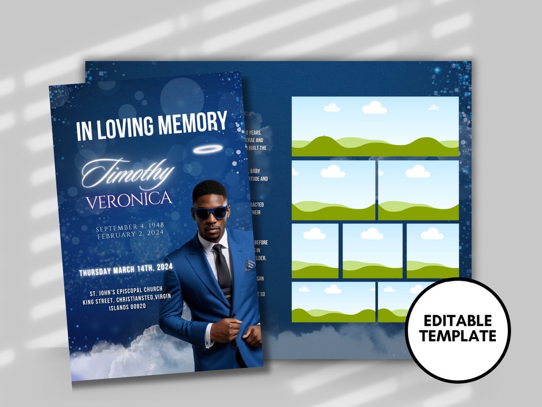 Men's Blue Funeral Program Template: 8-page Memorial Booklet (DIY ...