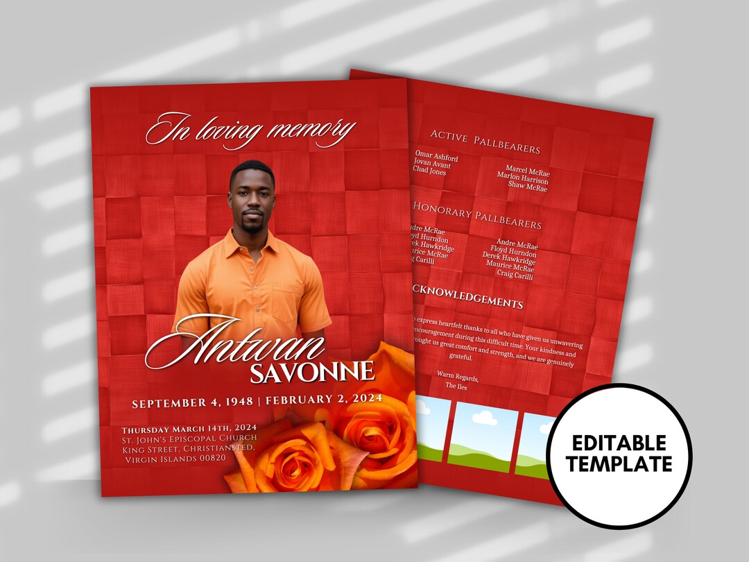 Funeral Programs Editable Template 2 Page 8.5x11 Mens ORANGE Tiled ...