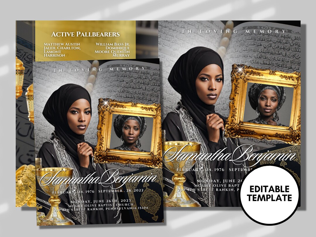 Muslim Funeral Program Template: Gold & Black Obituary (canva, 8.5"x11 ...