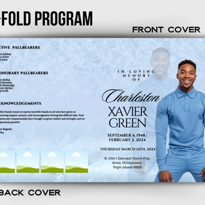 Men's Funeral Program Template: Blue & Silver, 8-page (editable Canva ...