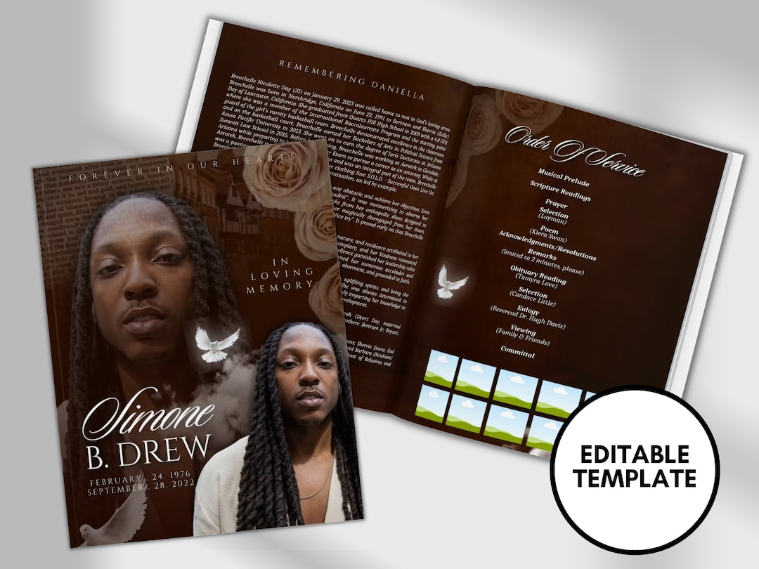 Brown & Gold Funeral Program Template: 4-page Memorial Booklet (digital ...