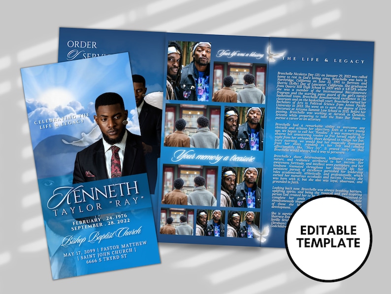Elegant Funeral Program Template: Blue Rose Obituary (canva, 17x11, 2 ...