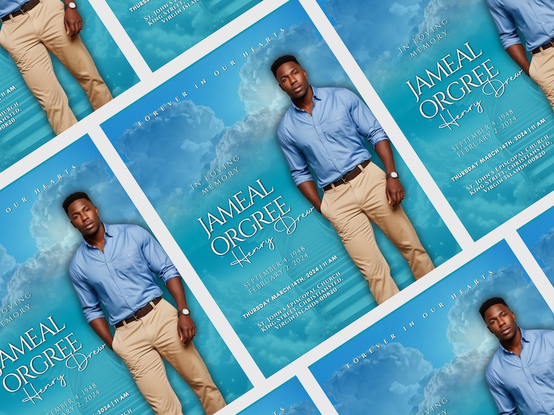 Mens Blue Funeral Program Template: Turquoise in Loving Memory (DIY ...