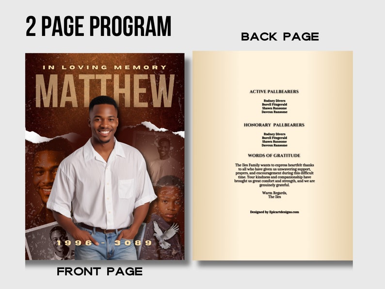 Mens Brown Funeral Program Template: Classy in Loving Memory (canva, 8 ...