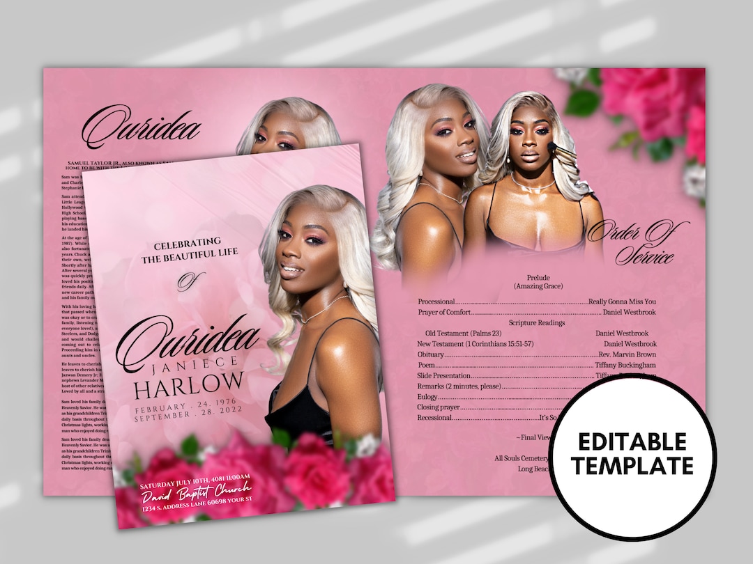 Pink Rose Funeral Program Template: Celebration of Life (canva, 8.5"x11 ...