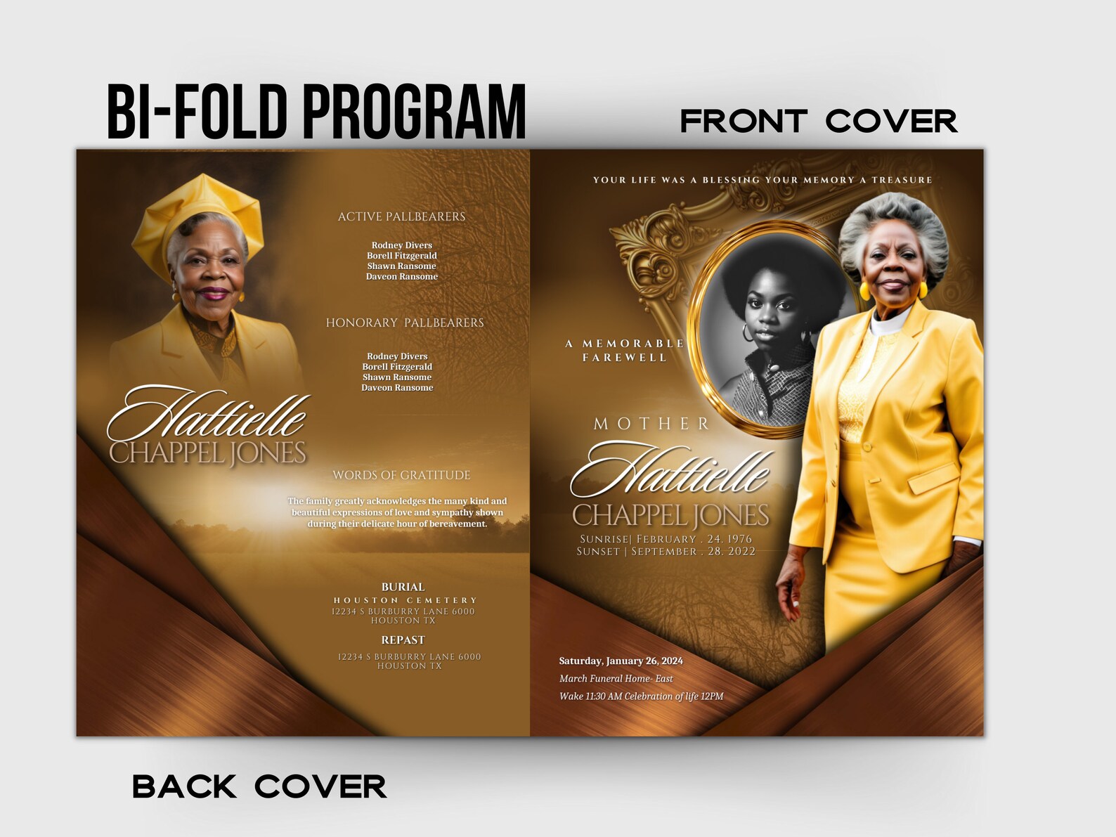 Elegant Brown Funeral Program Template: Yellow Cloud Design (digital ...