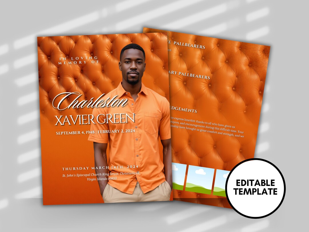 Men's Orange Funeral Program Template: in Loving Memory (DIY Canva) - Etsy